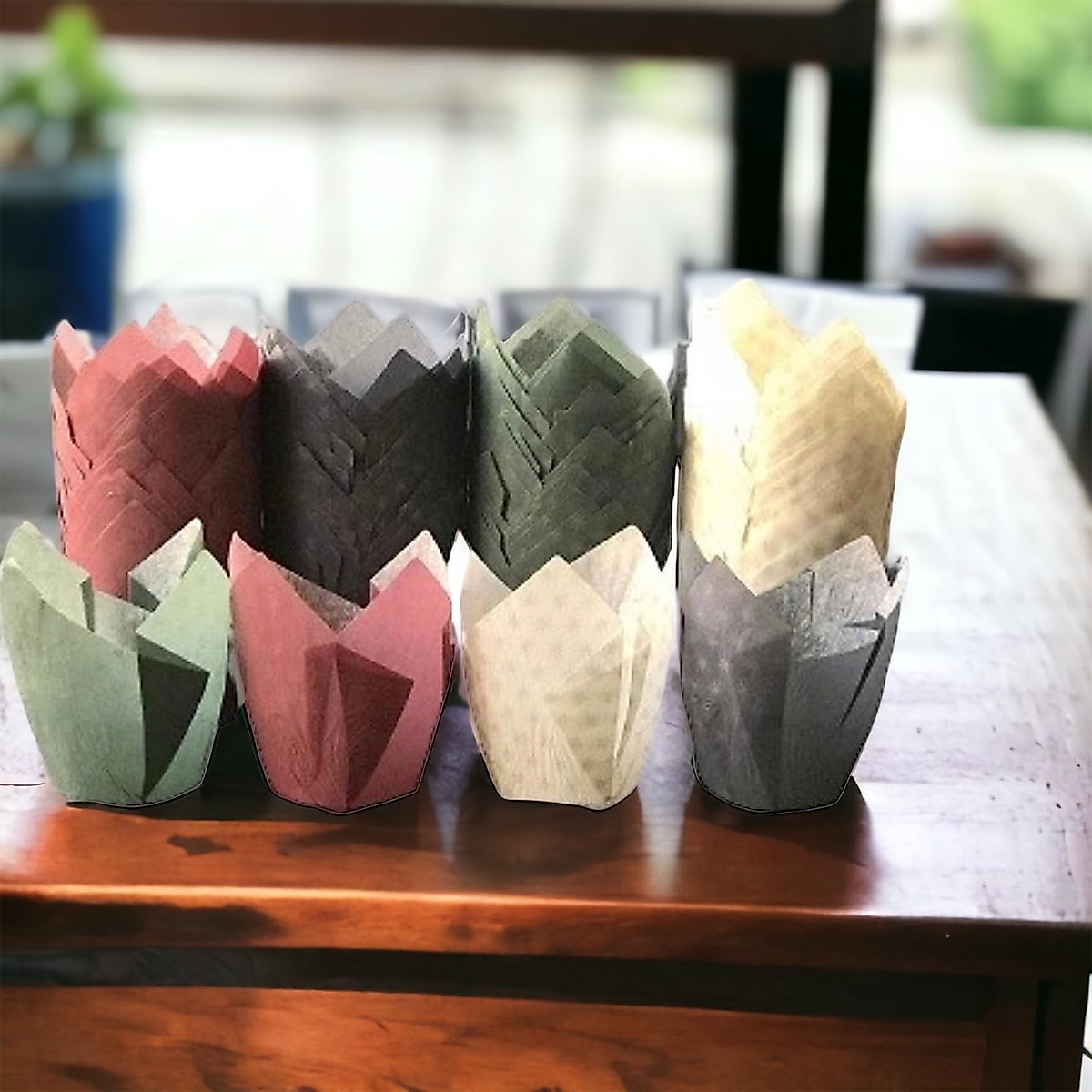 The Baker Celebrations 100 Gold Star Tulip Paper Cups 2 x 3 1/4 inch Muffin Liners; Cupcake Holders - Made in Canada - Green White Red and Blue (25 of each)