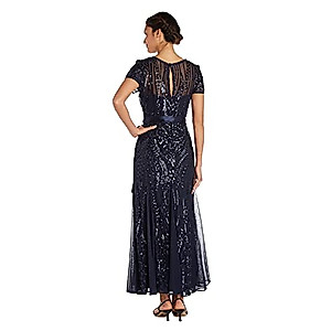 R&M Richards Women's One Piece Short Sleeve Embelished Sequins Gown,  Navy,  10
