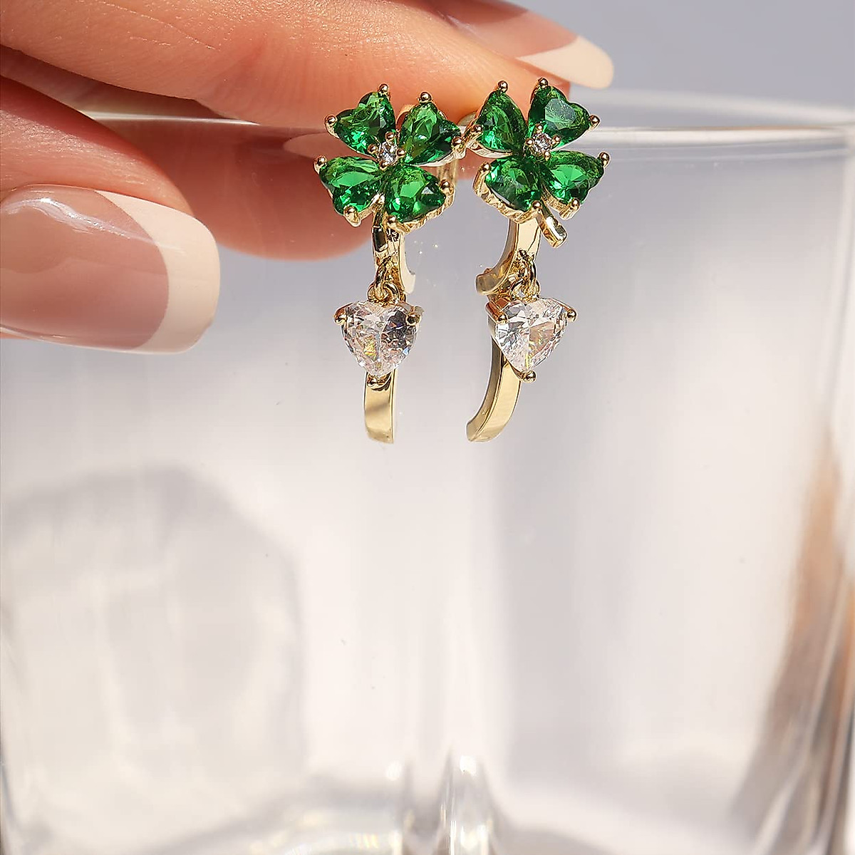 Sonateomber Sparkly Green Clover Leaf Small Gold Huggie Earrings for Women - Cute Heart Cubic Zirconia, Drop Dangle Circle Hoop Girl Cartilage Jewelry Gift