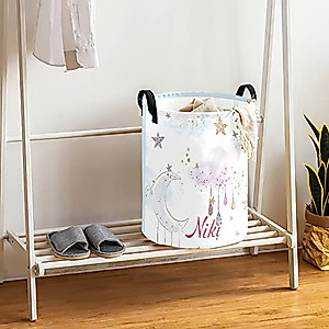 Moon Stars Round Storage Basket Personalized Name Laundry Basket Waterproof Nursery Hamper with Handle for Living Room Bedroom and Clothes