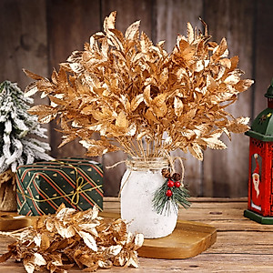 3 Packs Gold Leaves Artificial Plants for Christmas Decoration, Plastic Grass Fake Shrubs Simulation Leaves Golden Flowers Home Indoor Outdoor DIY Planter Vase Filler Garden Wedding Xmas Decoration