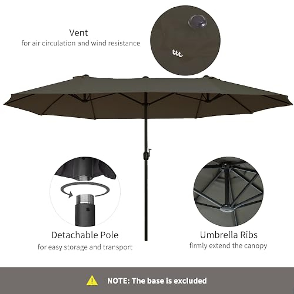 Outsunny Extra Large 15ft Patio Umbrella, Double-Sided Outdoor Umbrella with Crank Handle and Air Vents for Backyard, Deck, Pool, Market, Gray