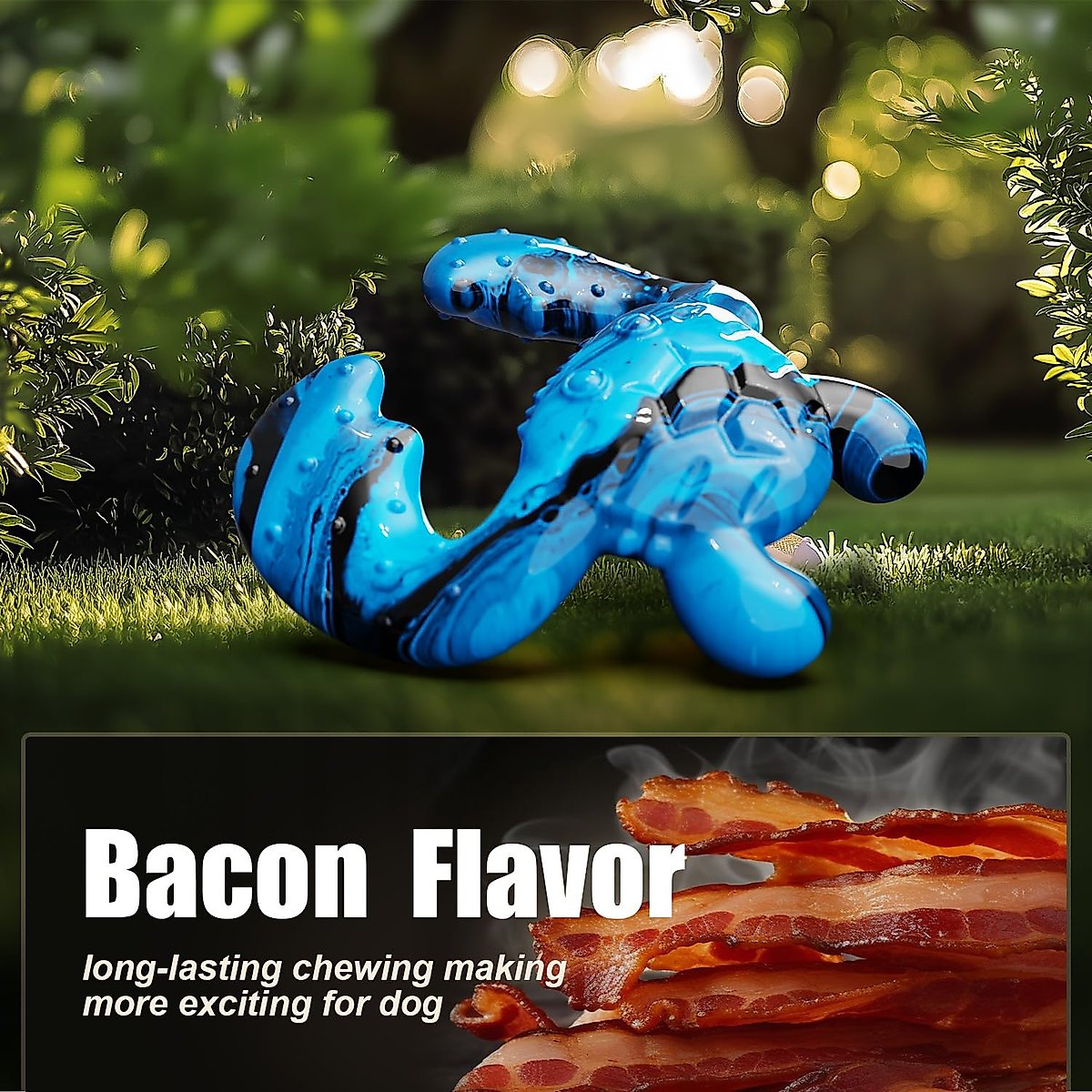 Ouilter Dog Toys for Aggressive Chewers, Dog Toys for Medium Large Dogs, Tough Nylon Dog Chew Toys with Bacon Flavor, Chew Toys for Aggressive Chewers, Blue
