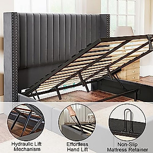 Jocisland Lift up Storage Bed Frame Queen Size, Upholstered Platform Bed Velvet with Channel Tufted Wingback Headboard, No Box Spring Needed, Gray