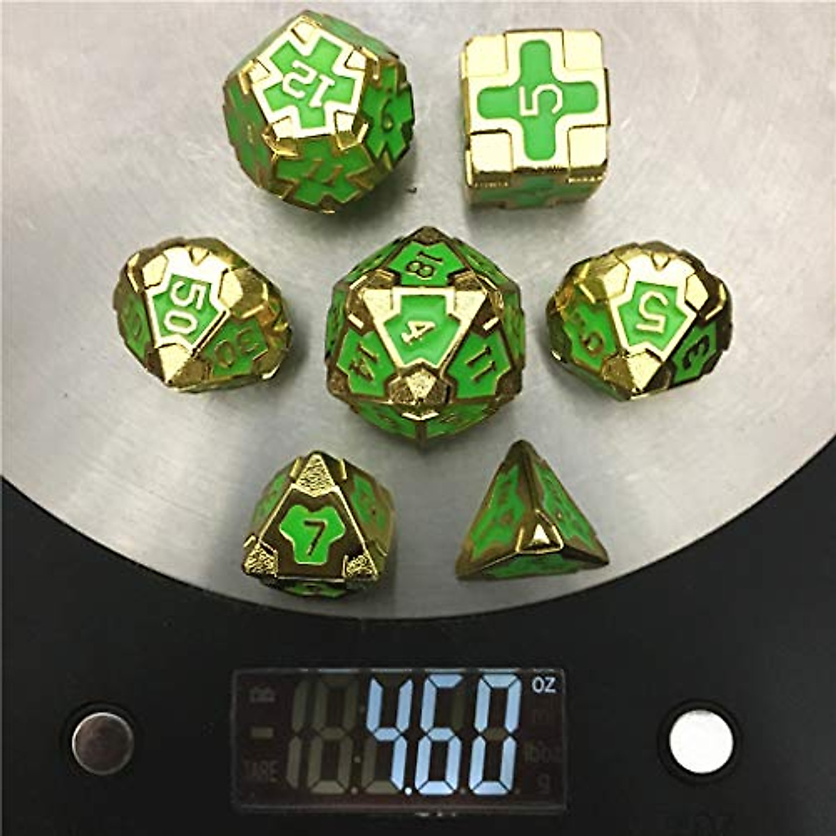 Metal DND Dice Set for Dungeons and Dragons Role Playing Games Tabletop Die (Model B Golden Green Luminous)