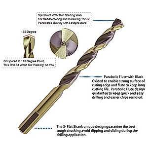 Hss Drill Bit Set 13/32 in. Jobber Twist Parabolic Flute Golden/Black 3-Flat Shank Drill Steel Metal-5Pcs