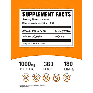 BulkSupplements.com N-Acetyl L-Cysteine 1000mg Capsules - N-Acetyl Cysteine 1000mg, NAC Supplement - NAC 1000mg, Gluten Free - 2 Capsules per Serving, 360 Capsules (Pack of 1)