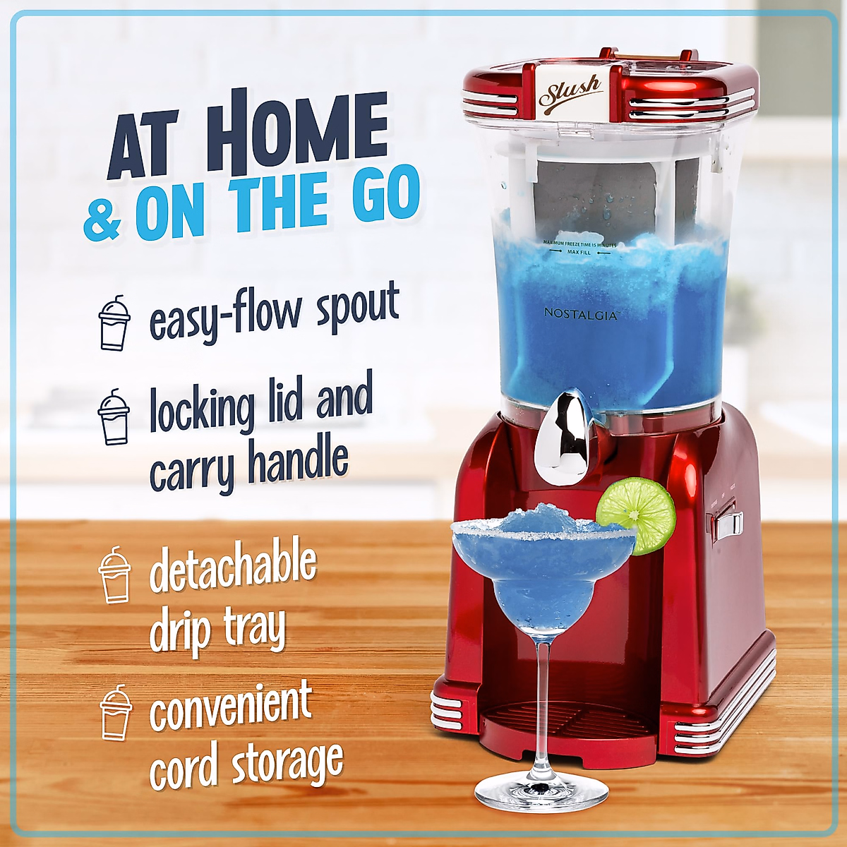 Nostalgia Frozen Drink Maker and Margarita Machine for Home - 32-Ounce Slushy Maker with Stainless Steel Flow Spout - Easy to Clean and Double Insulated - Retro Red