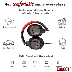 igooot Kids Headphones Wired,with case Most Comfortable Over Ear Children Headphones,Adjustable,Volume Limiter 85/94dB,for School/Plane/Switch/Amazon-fire-Tablet/ipad,3.5mm Jack,Black&Red.