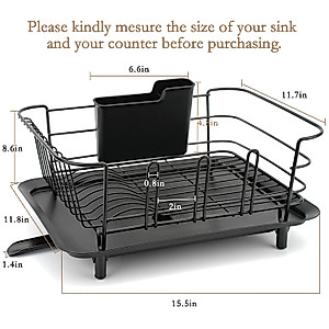 vizoe Dish Drying Rack 15''*11''*8'', Black Iron Dish Rack with Automatic Drainage, Removable Utensil Holder and Cup Holder, Drying Rack with Swivel Spout for Kitchen Inside Sink Counter Cabinet