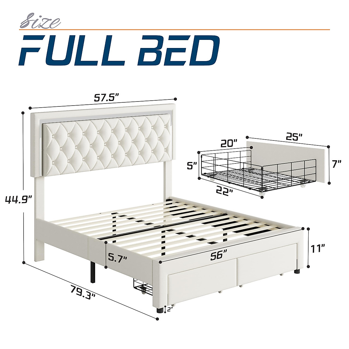 Jocisland Full Size Bed Frame with LED Lights&Storage Drawers,Velvet Upholstered Platform Bed,No Box Spring Needed,White