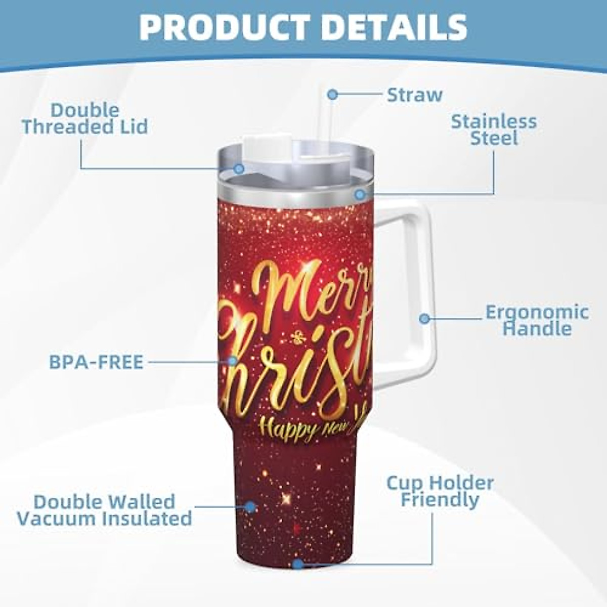 deaokluy 40 OZ Christmas Ice Bully Cup with Handle Straw Lid, Double Wall Stainless Steel Tumbler Travel Coffee Cup, Merry Insulation and Cooling Cup for Christmas Birthday Present