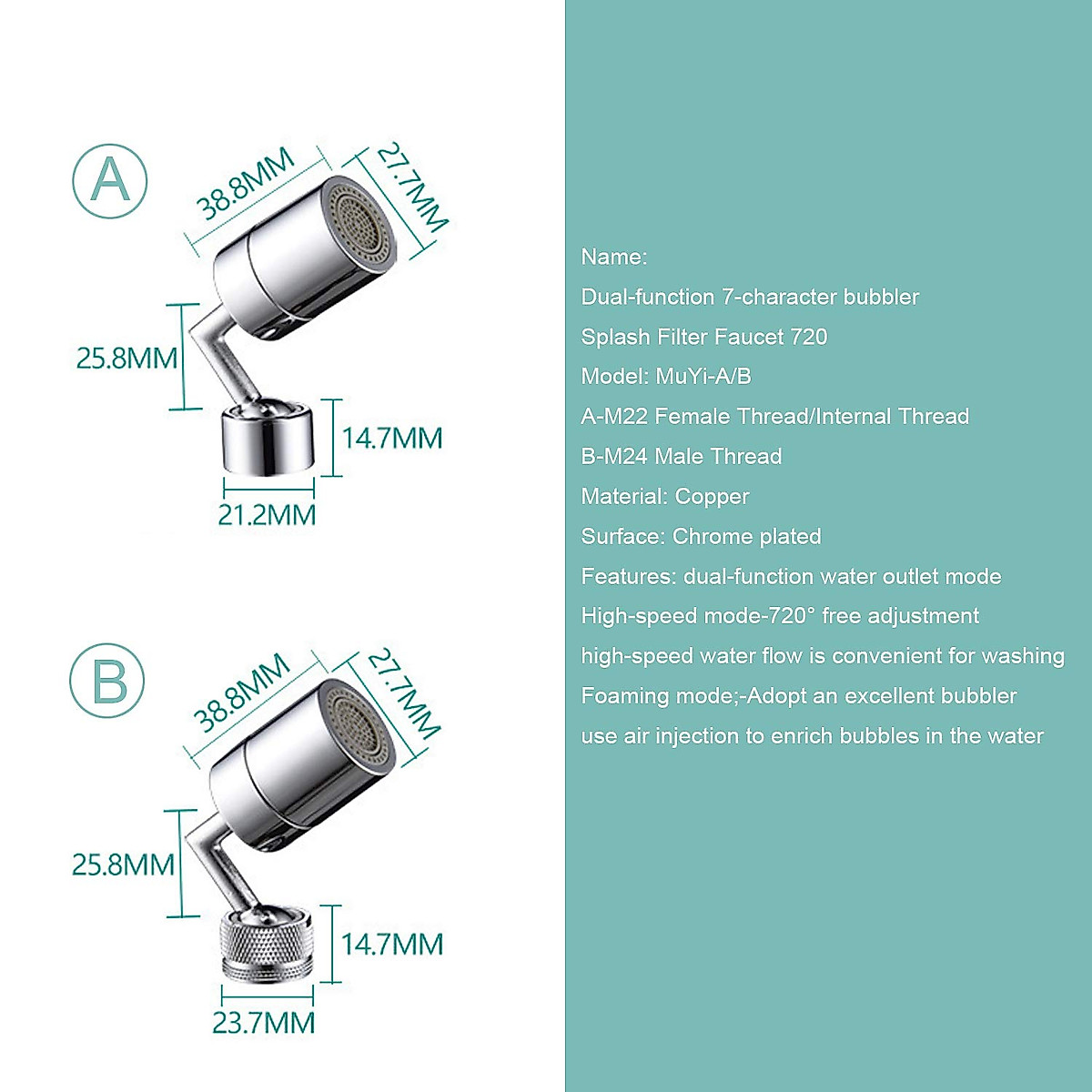 MuYiLIFE Universal Splash Filter Faucet,720° Rotatable Faucet Sprayer Head with Durable Copper,Anti-Splash, Oxygen-Enriched Foam (Female Thread-A22MM)