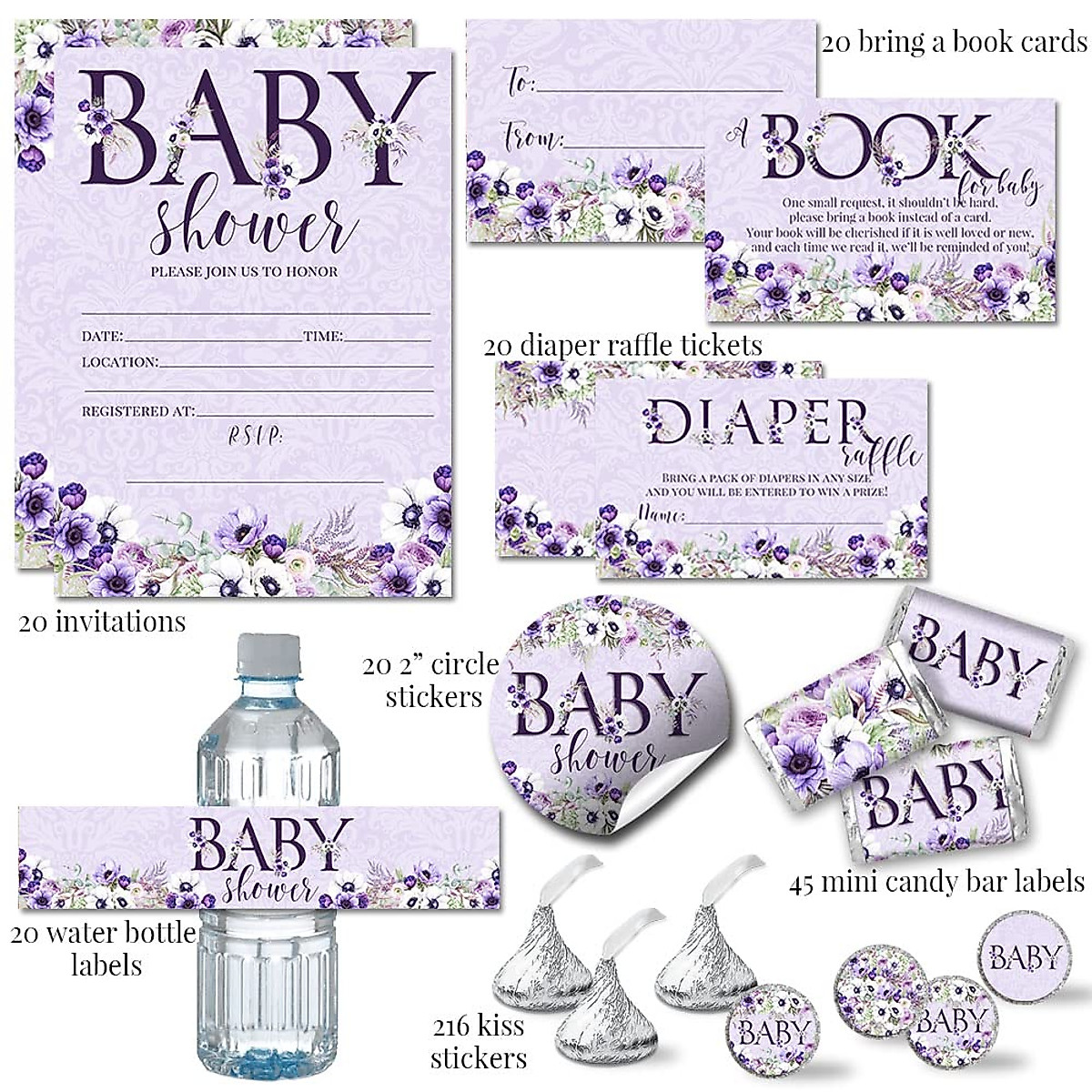 Amanda Creation Watercolor Violet Floral Baby Shower Party Bundle Includes 20 each of Invitations with Envelopes + 4 Different Sizes of Decorative Stickers, Diaper Tickets & Bring a Book Cards