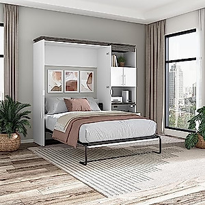 Bestar Orion Murphy Bed with Storage Cabinet and Fold-Out Desk (91W), Sleeping Arrangement with Work Surface, Full, White & Walnut Grey