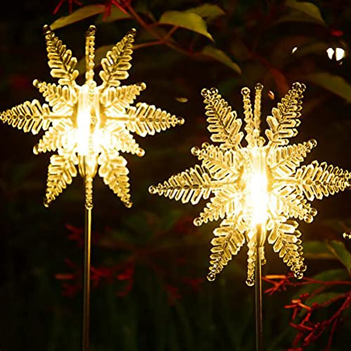 Aolyty Solar Garden Light Outdoor Decoration, 2 Pack Waterproof Solar Snowflakes Stake Lights Warm White LED Lighting for Path Yard Lawn Patio Party Christmas Decor