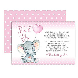 Pink Elephant Baby Shower, Thank You Cards 20 Count Pre-written Thank You Cards, Baby Sprinkle Pink Dots