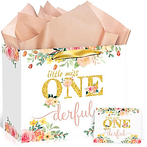 Baby Girl 1st Birthday Gift Bag Little Miss Onederful Gift Bag with Greeting Card and Tissue Papers Floral One Birthday Wrapping Paper Bag for Girls Newborn Baby Shower Christmas First Birthday Party