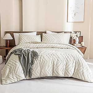 Andency Beige Queen Comforter Set, 3 Pieces Boho Chevron Bedding Comforter Sets (1 Tufted Comforter & 2 Pillowcases), Summer Lightweight Fluffy Shabby Chic Microfiber Down Alternative Bed Set