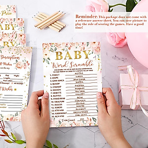 125 Pcs Floral Baby Shower Games for Girls Set of 5 Baby Shower Game Activities Floral Cards with 20 Pencils Includes Baby Bingo Guess Who Baby Price Is Right Description Word Scramble Game