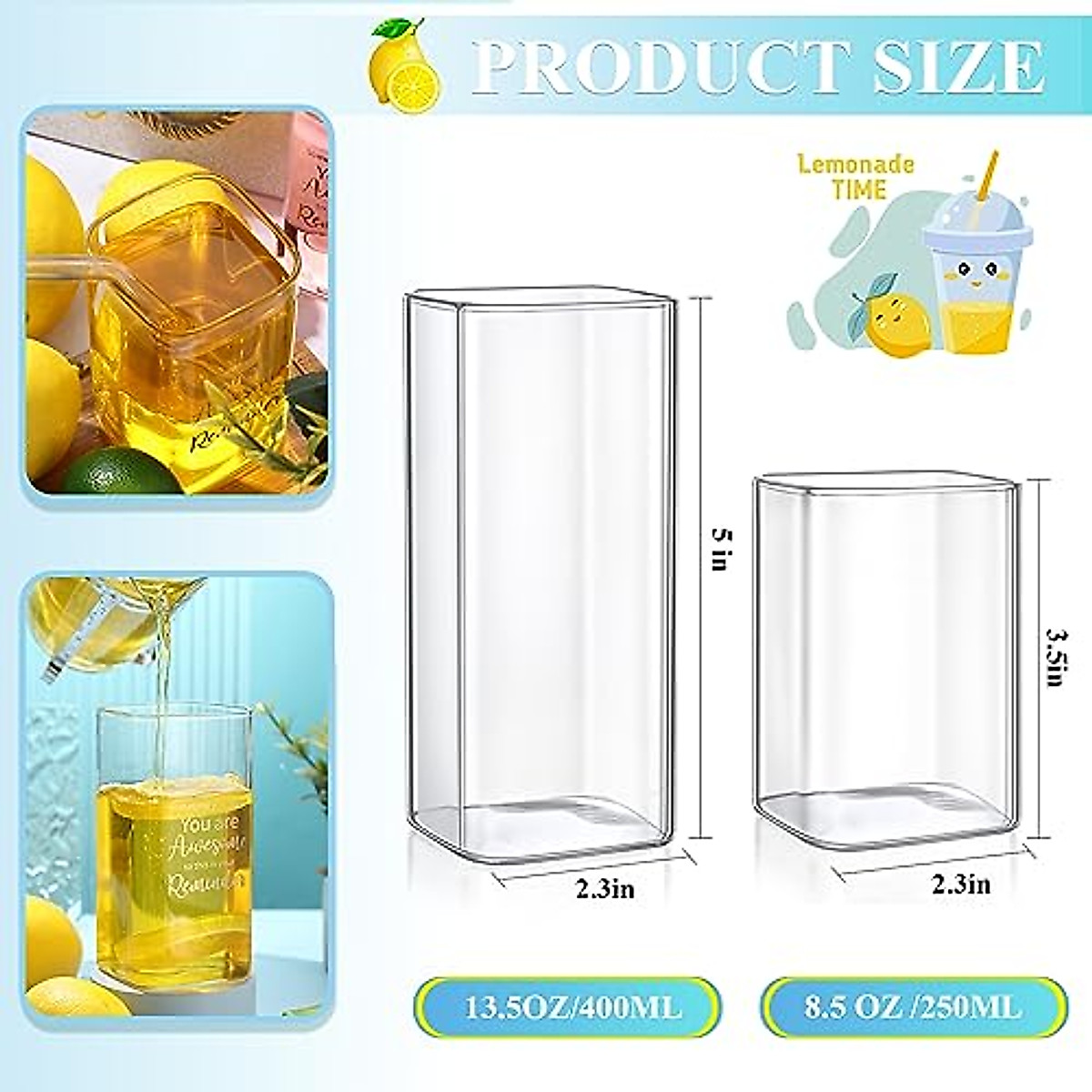 Roshtia 12 Pcs Square Glass Cups with Straws Highball Drinking Glasses Clear Rocks Glasses for Tea Wine Beer Cocktails Juice Coffee Mixed Drinks Party Glassware Set, 8.5oz and 13.5oz (Minimalist)
