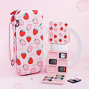 FANPL Carrying Case for Nintendo Switch & Switch OLED, Pink Cute Strawberry Travel Hard Protectiv Case for Switch with Adjustable Shoulder Strap, Game Case, Thumb Grips - Super soft plush lining
