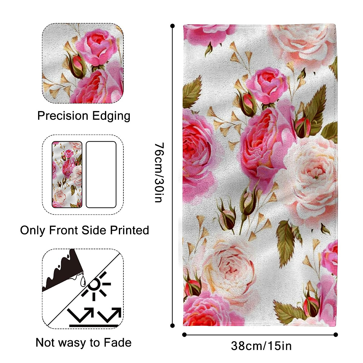 Cotton Bath Hand Towels for Bathroom - Ultra Soft Microfiber Face Towel with Pink Rose, Highly Absorbent Quick-Drying Lightweight Spa Towel, Washcloth Dish Tea Towels for Kitchen 30 x 15 inch