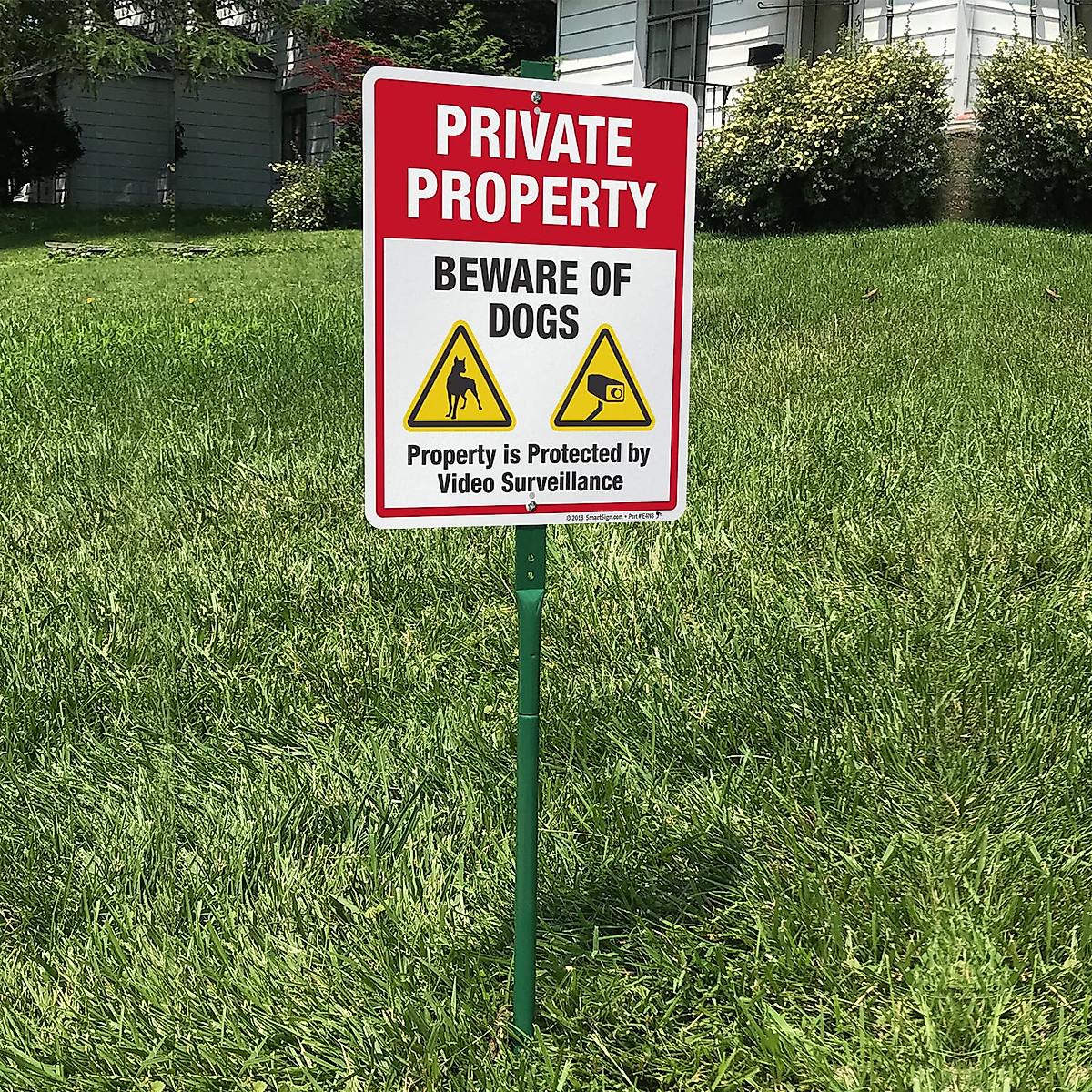 SmartSign 12 x 10 inch “Private Property - Beware Of Dogs, Property Protected By Video Surveillance” Yard Sign with 3 foot Stake, 40 mil Laminated Rustproof Aluminum, Multicolor, Set of 1, USA-Made