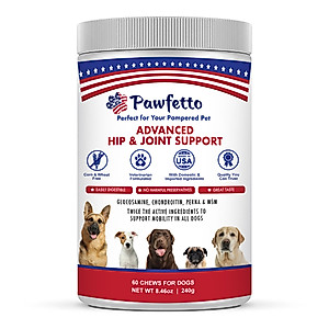Pawfetto Advanced Hip & Joint Support Plus Supplement for Dogs, with Perna, Glucosamine, Chondroitin, MSM. Easily Digestible, Delicious Duck Flavor. Perfect for Your Pampered Pet (60 Dog Chews)