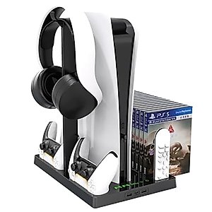 AuyKoo PS5 Stand with Dual Controller Charging Station and Cooling Fan for Playstation 5, Multifunctional Storage Stand Holder with 15 Game Discs Slots and Media Remote Dock for PS5 Accessories