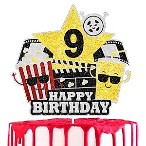 Movie Themed Happy 9th Birthday Cake Topper for Kids - Perfect for a boy or girl's movie-themed birthday party, movie night party, or Hollywood party popcorn movie projector decorations -SugarGera