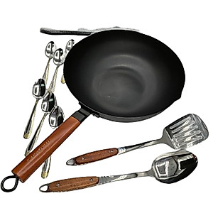 vivicreate Carbon Steel Wok Pan, 9 Piece Woks & Stir-Fry Pans Set with Spatula, No Chemical Coated Flat Bottom Chinese Pan for Induction, Electric, Gas, suitable All Stoves - 12.5''