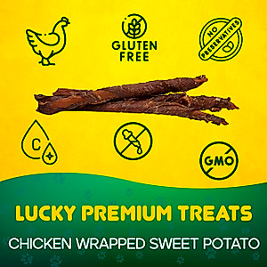 Lucky Premium Treats Chicken Wrapped Sweet Potato Dog Treats, Natural Sweet Potato and Chicken Wraps, Gluten-Free Dog Chews, Healthy Snacks for Dogs, 4.5", 23 Chews