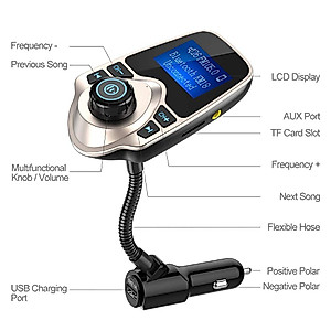 Nulaxy Bluetooth Car FM Transmitter Audio Adapter Receiver Wireless Handsfree Voltmeter Car Kit TF Card AUX 1.44 Display - KM18 Golden