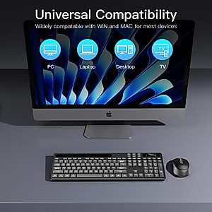 Wireless Keyboard and Mouse Combo, Soueto 2.4G Full-Sized Computer Keyboard with Phone Tablet Holder, 22 Multimedia Shortcuts, Numeric Keypad, 6 Button Silent Mouse for Windows, Mac (Space Black)