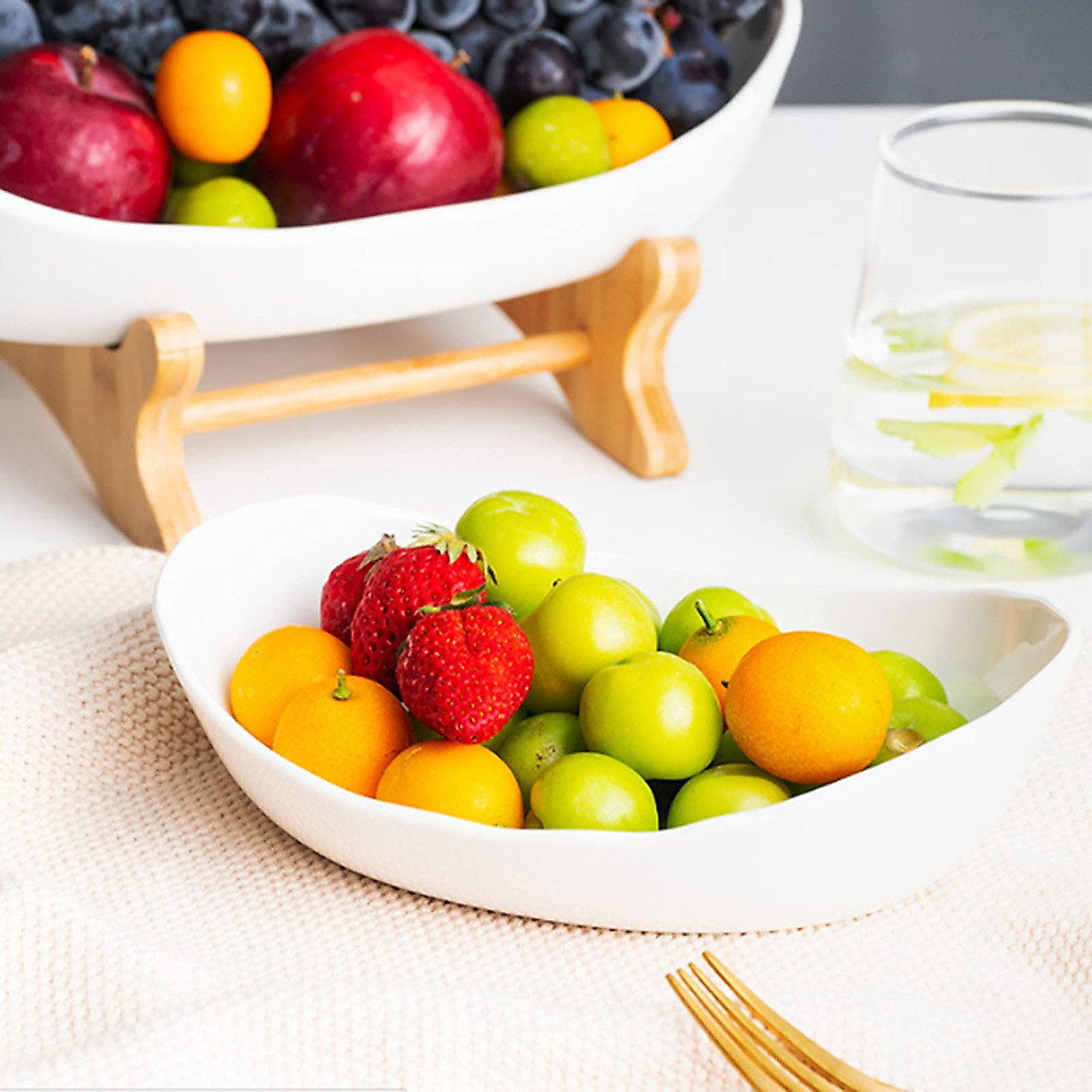 CNCEST 3 Layer Ceramic Fruit Plate Bamboo Wooden Frame Household Sushi Basket Bowl Holder Multi-Layer Tray Storage Rack Vegetables Stand Kitchen Organizer White