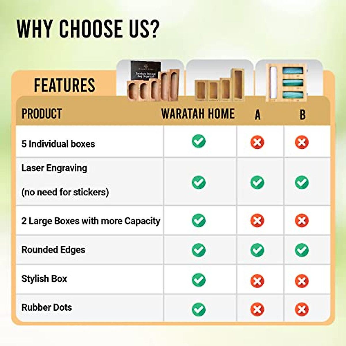 Waratah Home Bamboo Storage Bag Organizer - 5 Pc Magic Bag Organizer for Kitchen and Drawer, Compatible with Gallon, Quart, Sandwich, Snack and Variety Size Bag (Pack of 5)