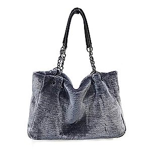 QTMY Faux Fur Tote Bag Purse Handbag for Women (Gray)