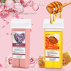 Roll On Waxing Kit, Depilatory Roll On Wax Warmer for Hair Removal with 2 Tea Tree Cartridge Refill 10 Wax-removing Wipes and 100pcs Wax Strips, (Pink) (Pink)