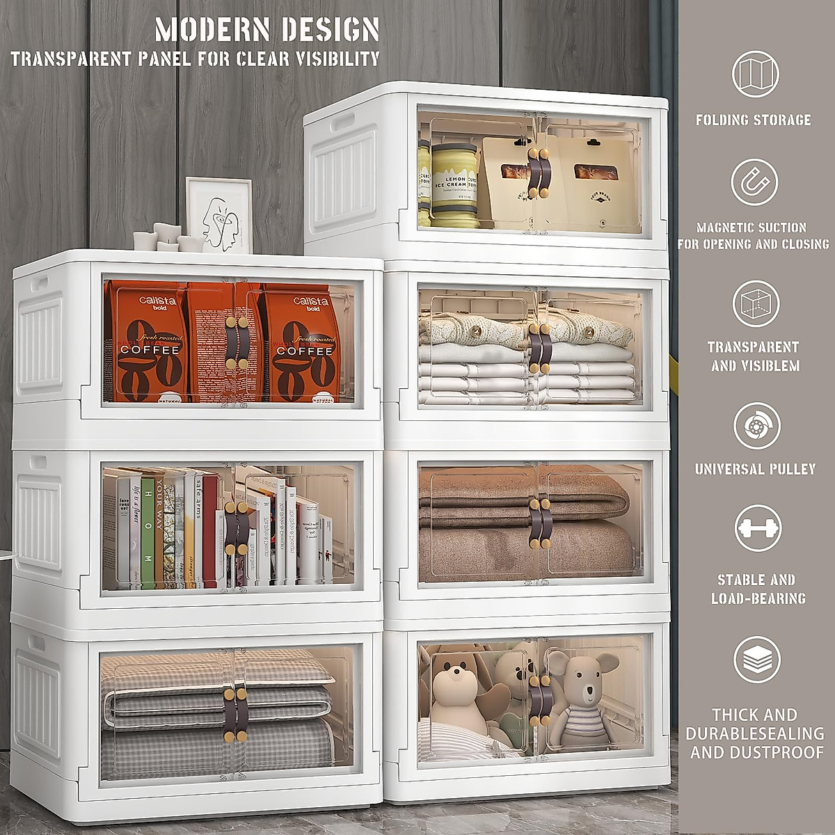 Storage Bins with Lids, 23 Gal White Closet Organizers and Storage, 5 Packs Collapsible Storage Bins with Wheels, Plastic Storage Bins, Double Door Stackable Storage Bins for Home and Office