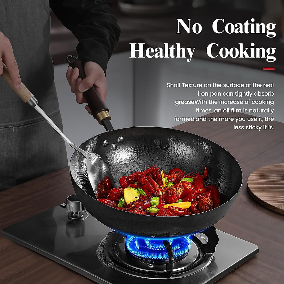 UMETRE Carbon Steel Wok Pan, 13.5″Woks & Stir-Fry Pans with Wooden Lid Cookwares, Nonstick Wok, No Chemical Coated Round Bottom Hand Hammered Chinese Wok For Gas