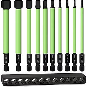 TLEEP 3.94" Long 10Pcs 1/4" Hex Head Allen Wrench Drill Bits, Metric 1.5MM to 12MM Hex Key Drill Bit Set, Magnetic Tips Screwdriver Socket Bit Set for Ikea Type Furniture (S2 Steel), New Version