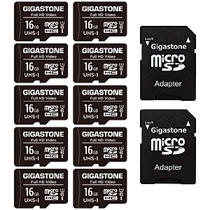 [Gigastone] 16GB 10-Pack Micro SD Card, FHD Video, Surveillance Security Cam Action Camera Drone, 85MB/s Micro SDHC UHS-I U1 Class 10, with Adapters