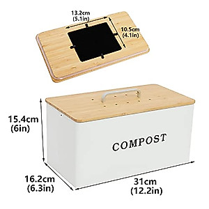 Gdfjiy Compost Bin Kitchen, Indoor Compost Bucket, Rectangle Compost Bin with Wooden Lid, 2 Gallon Capacity for Home Compost Tumbler, Kitchen Waste Garbage Can, Includes 4 Charcoal Filters (White)