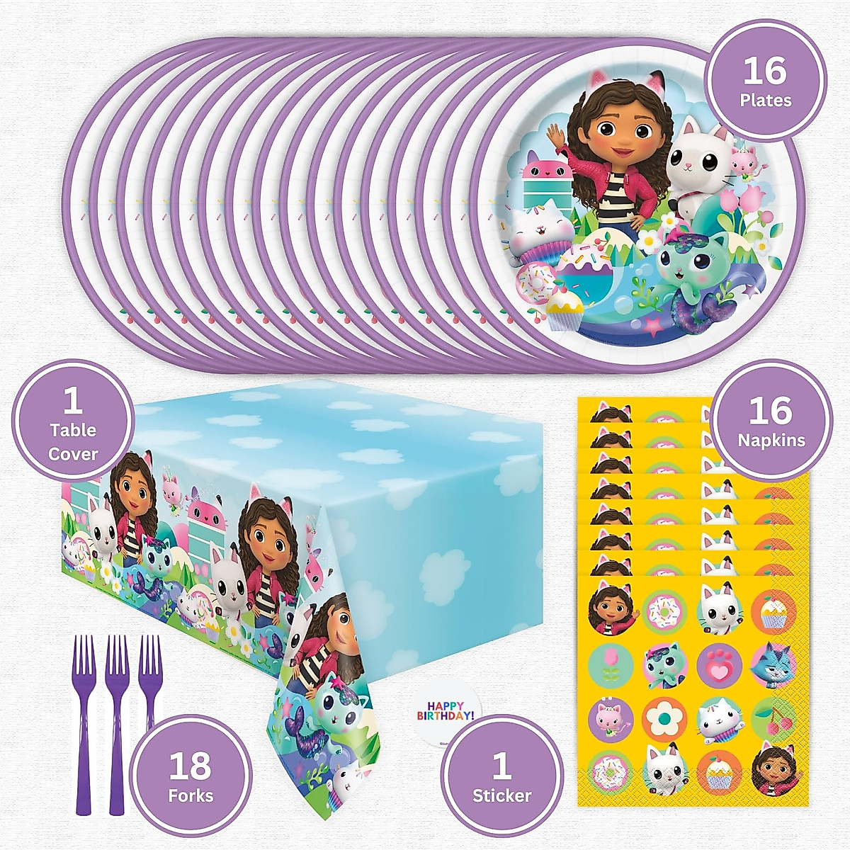 Unique Gabby's Dollhouse Party Supplies Pack for 16 Guests - Gabby Dollhouse Plates and Napkins, Table Cover, Forks, Sticker, Gabbys Doll House Birthday Party Decorations, Officially Licensed