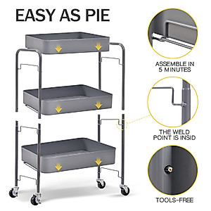 TOOLF 3-Tier Rolling Cart, Metal Utility Cart with Lockable Wheels, Storage Craft Art Cart Trolley Organizer Serving Cart Easy Assembly for Office, Bathroom, Kitchen, Kids' Room, Classroom (Grey)