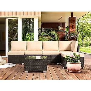 Patio Furniture 6 Pieces Set, Outdoor Furniture PE Rattan Wicker Outdoor Couch, Patio Conversation Sets One Box Package with Glass Table and Cushion, Brown