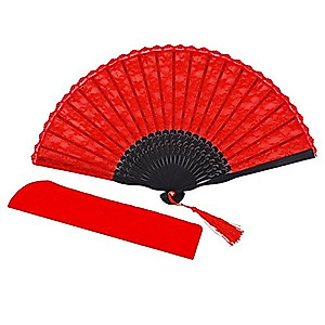 Womens Multi Color Handmade Cotton Lace Folding Hand Fan (Black-A) (Red)