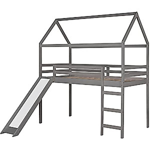 LostCat Twin Size Loft Bed with Slide, House Shaped Solid Pine Wood Bed Frame with Safety Guardrail & Ladder, No Box Spring Needed, Save Space Design for Kids, Teens, Girls, Boys, Grey