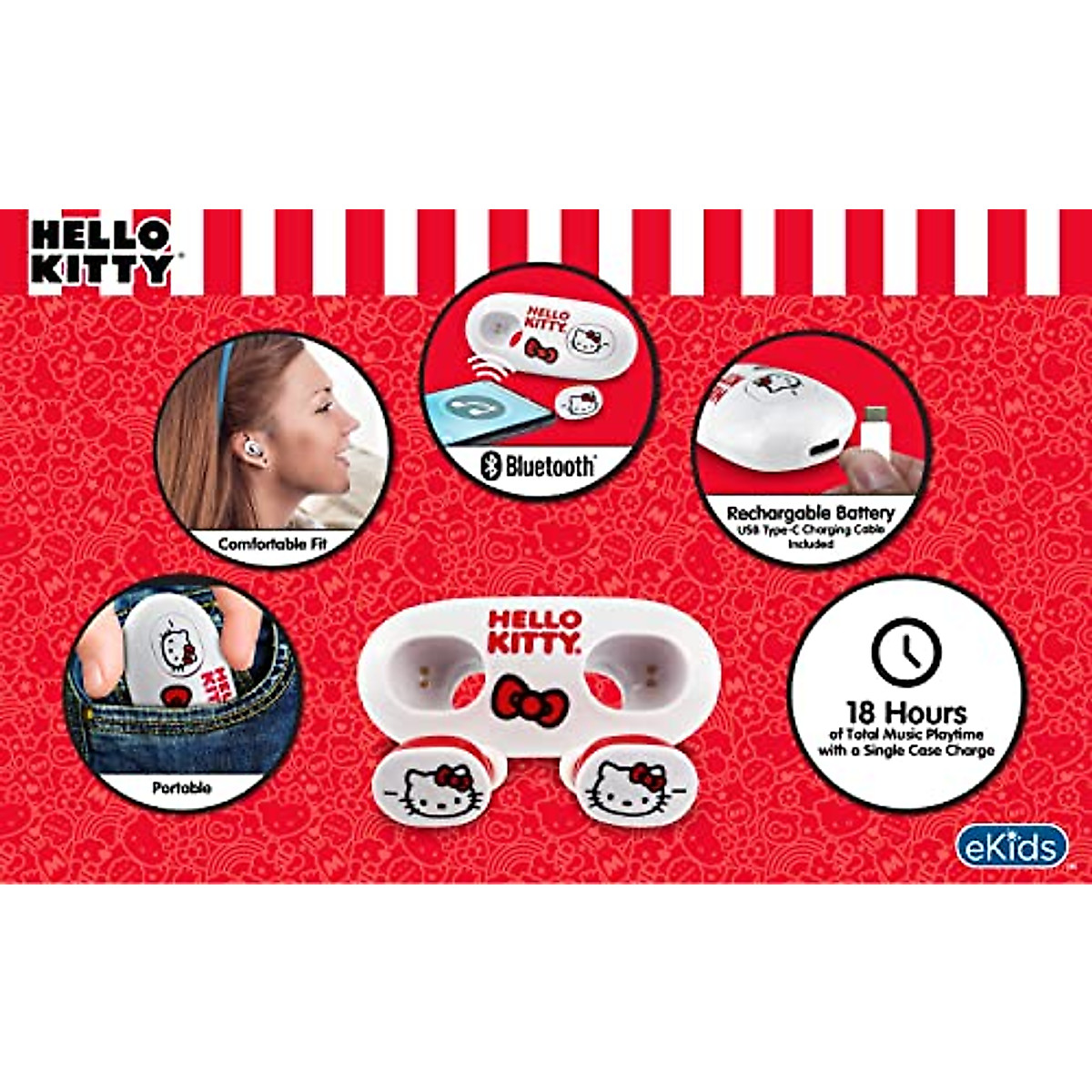 eKids Hello Kitty Bluetooth Earbuds with Microphone, Kids Wireless Earbuds with Charging Case for Ear Buds, for Fans of Hello Kitty Gifts and Merchandise